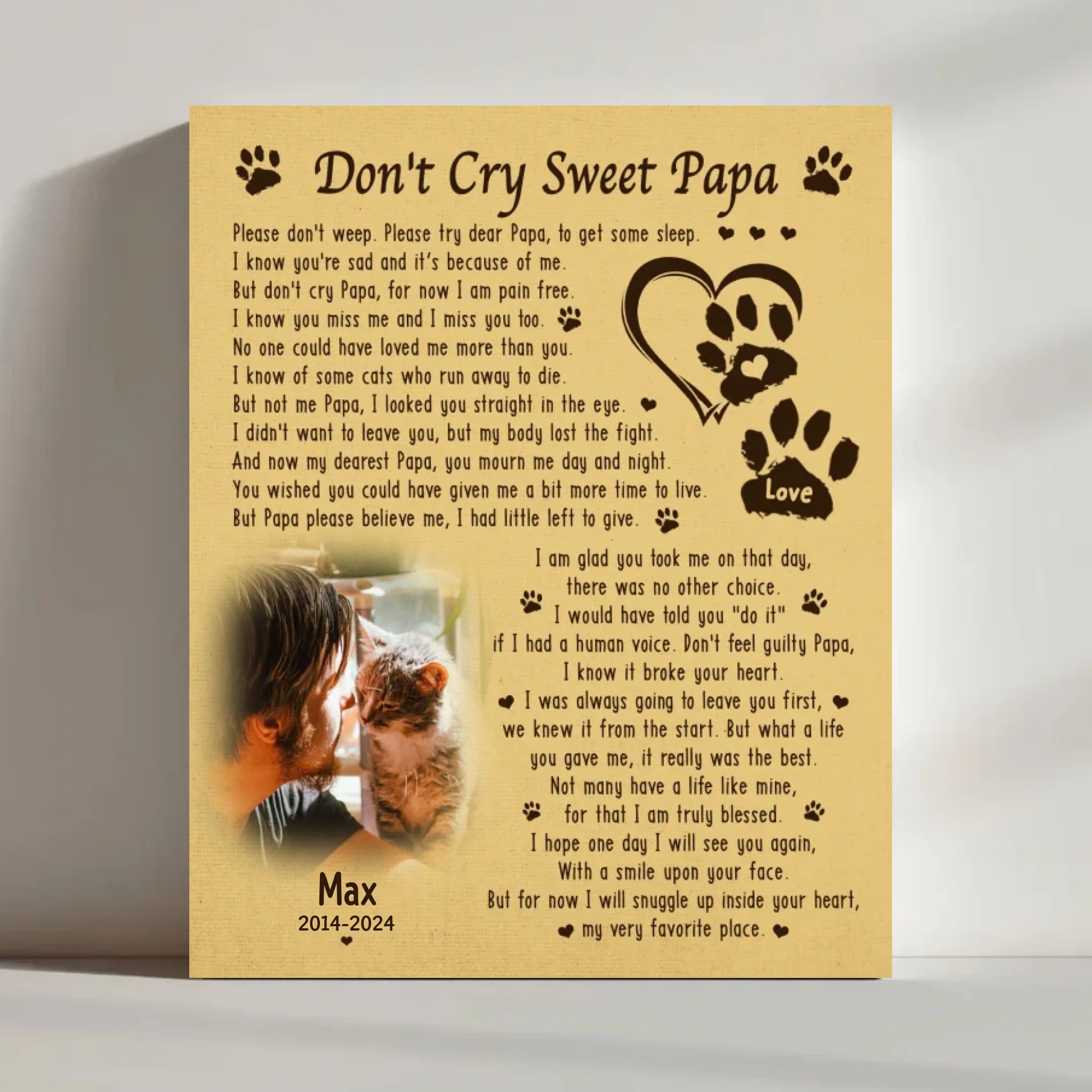 Don't Cry Sweet Papa Cat Poem | Custom Cat Memorial Canvas Print | Paw