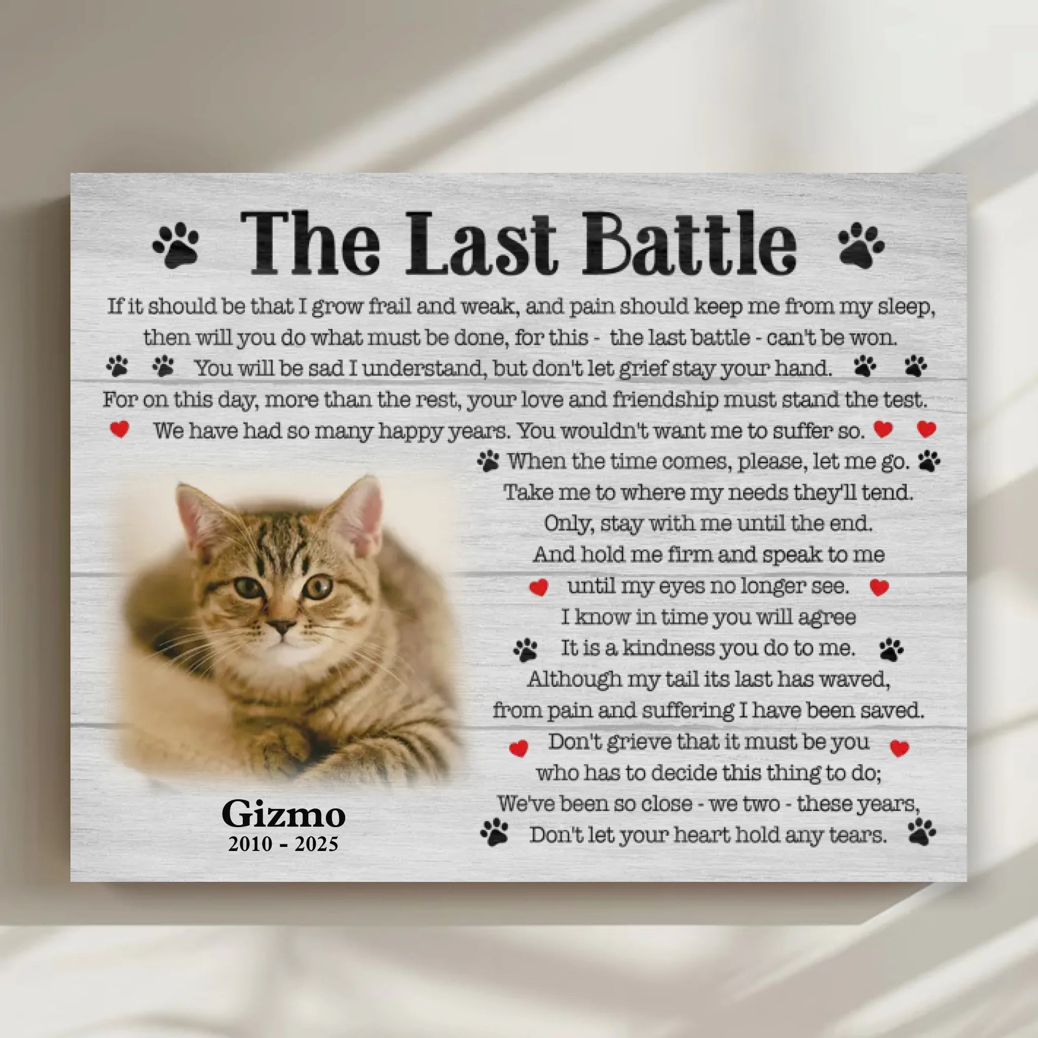 The Last Battle Cat Poem | Custom Cat Memorial Canvas Print